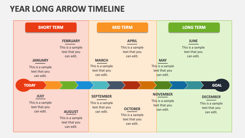 Year Long Arrow Timeline PowerPoint Presentation Slides - PPT Template