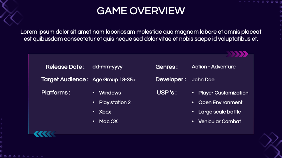 Video Game Pitch Deck for Google Slides and PowerPoint - PPT Slides