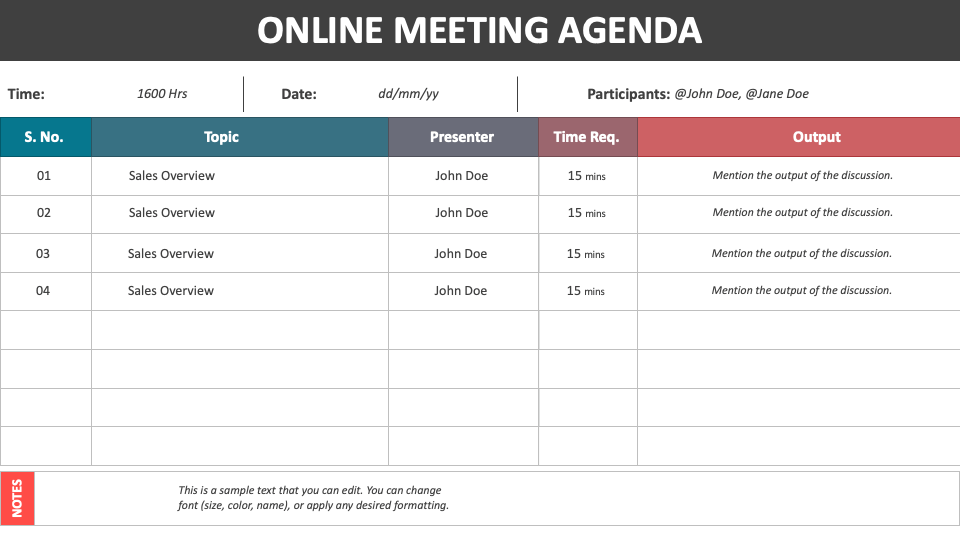 Online Meeting Agenda PowerPoint and Google Slides Template - PPT Slides