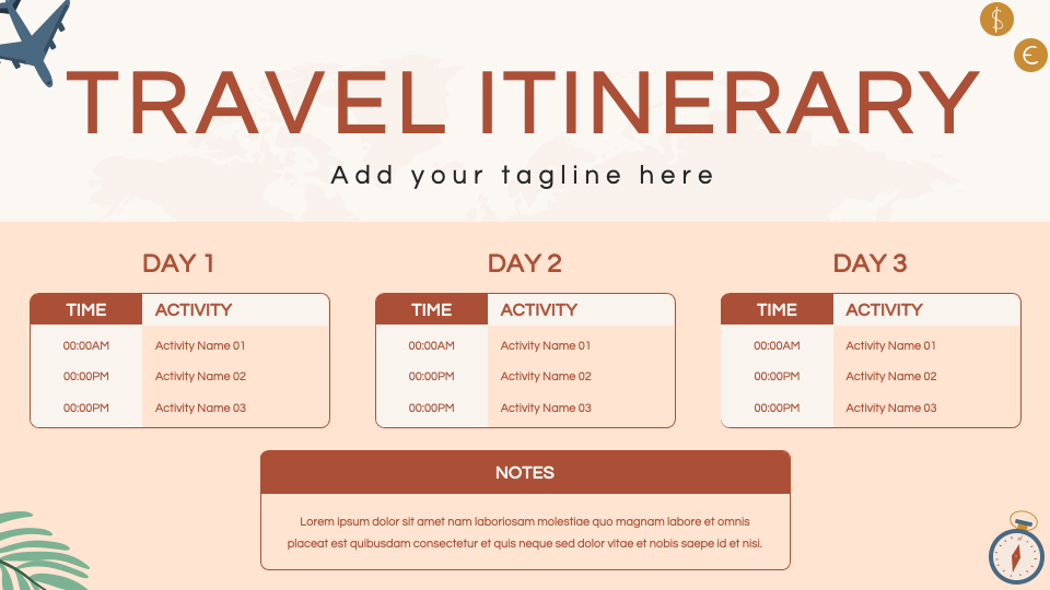 Travel Itinerary Template for Google Slides and PowerPoint - PPT Slides